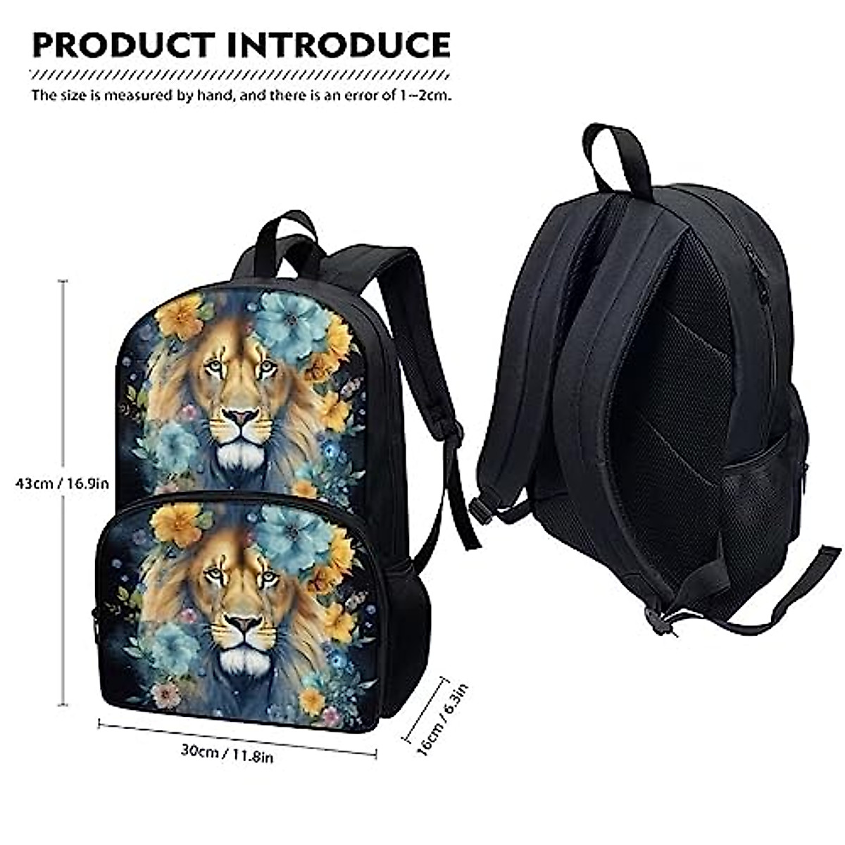 Pinupub 3 In 1 Kids Backpack Set Blue Lion Flowers Print 17 Inch Large Elementary School Bag With Lunch Bag And Pen Bag