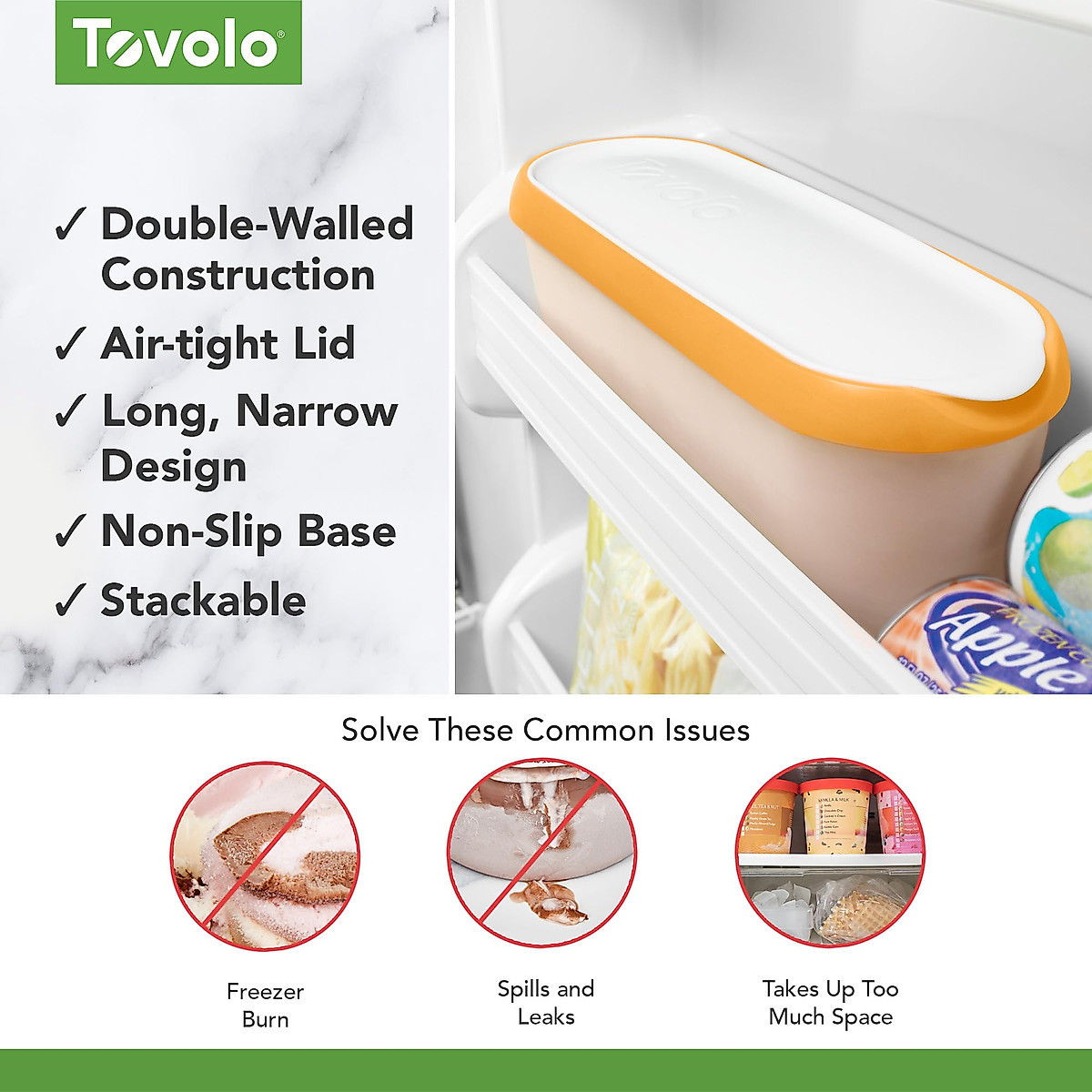 Tovolo Glide-A-Scoop Ice Cream Tub, 1.5 Quart, Insulated, Airtight Reusable Container With Non-Slip Base, Stackable on Freezer Shelves, BPA-Free, Orange Crush