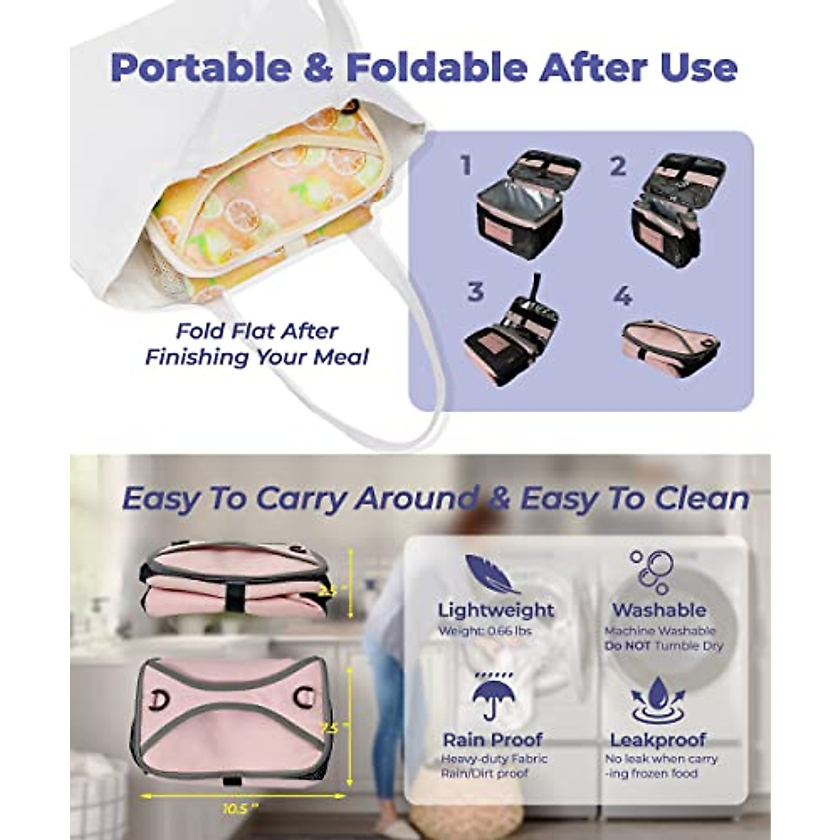 SUNNY BIRD Foldable Insulated Lunch Bag Leakproof Thermal Lunch Box for Women Men Teen with Shoulder Strap (Grapefruit Pink)