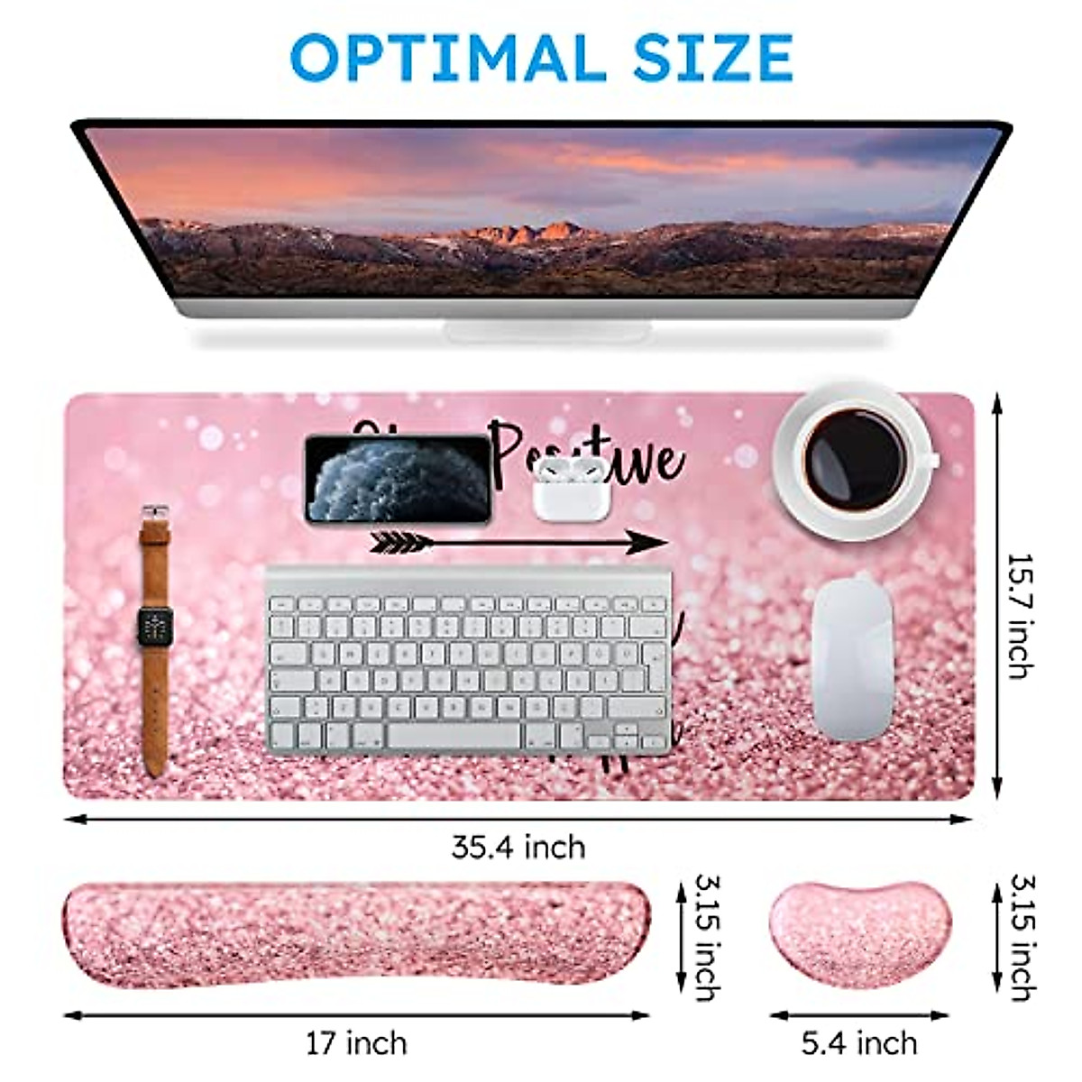 iCasso Keyboard Mouse Pad Set,Extended Gaming Mouse Pad+Keyboard Wrist Rest Support , Memory Foam, Easy Typing Pain Relief, 3Pcs (35.4×15.7 in) XXL Ultra Thick Desk Mat -Pink Stay Positive