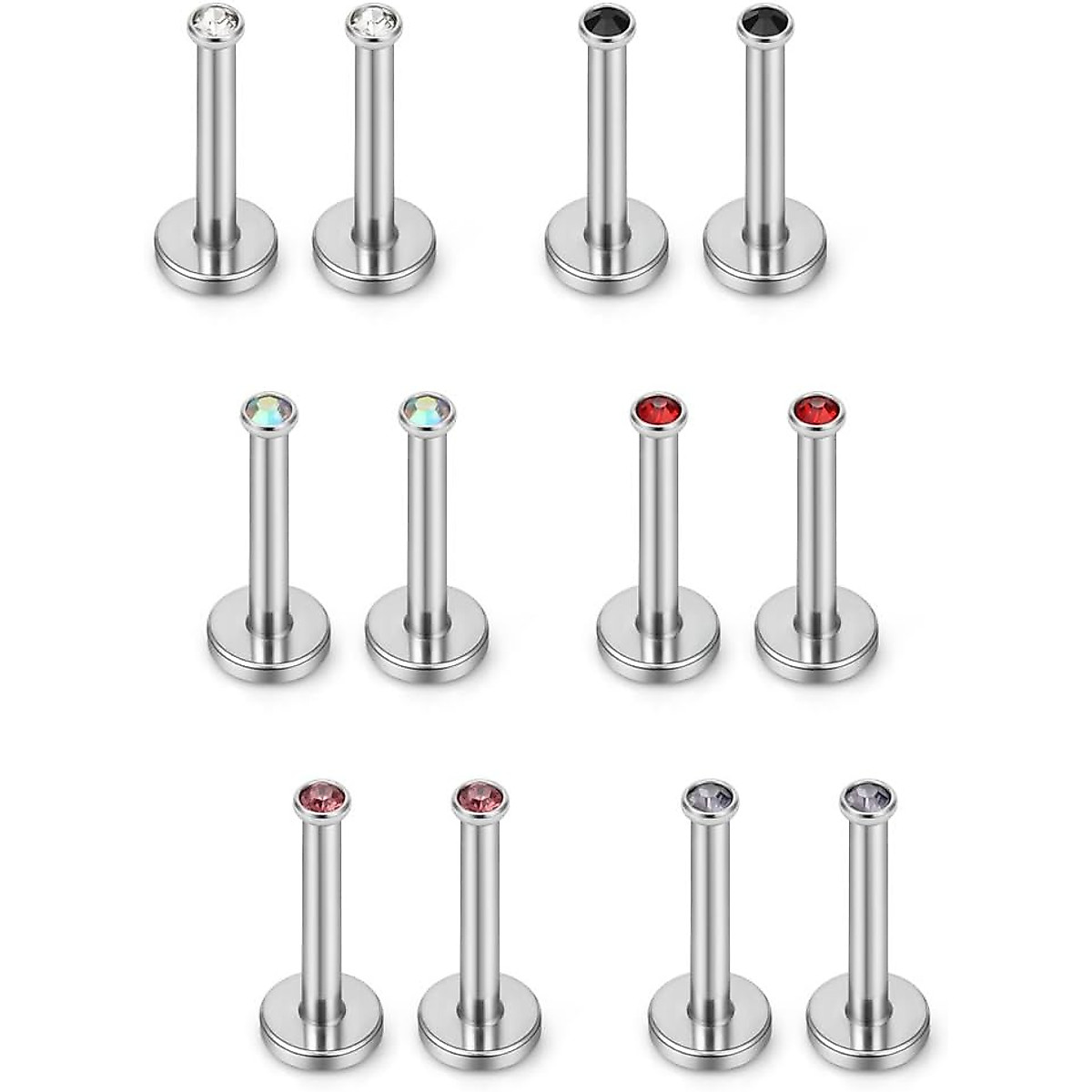 Ruifan 2-4mm Mix Color Round CZ Gem Internally Threaded Labret Monroe Lip Ring Tragus Nail Helix Earring Stud Barbell Piercing Jewelry Bar 6-10mm 16G 12PCS