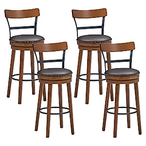 ERGOMASTER Bar Stools Set of 4 Swivel Bar Height Bar Stools for Kitchen Island, PU Leather Upholstered Barstools with Back & Solid Rubber Wood Legs & Metal Footrest, Seat Height 30.5 Inch, Brown