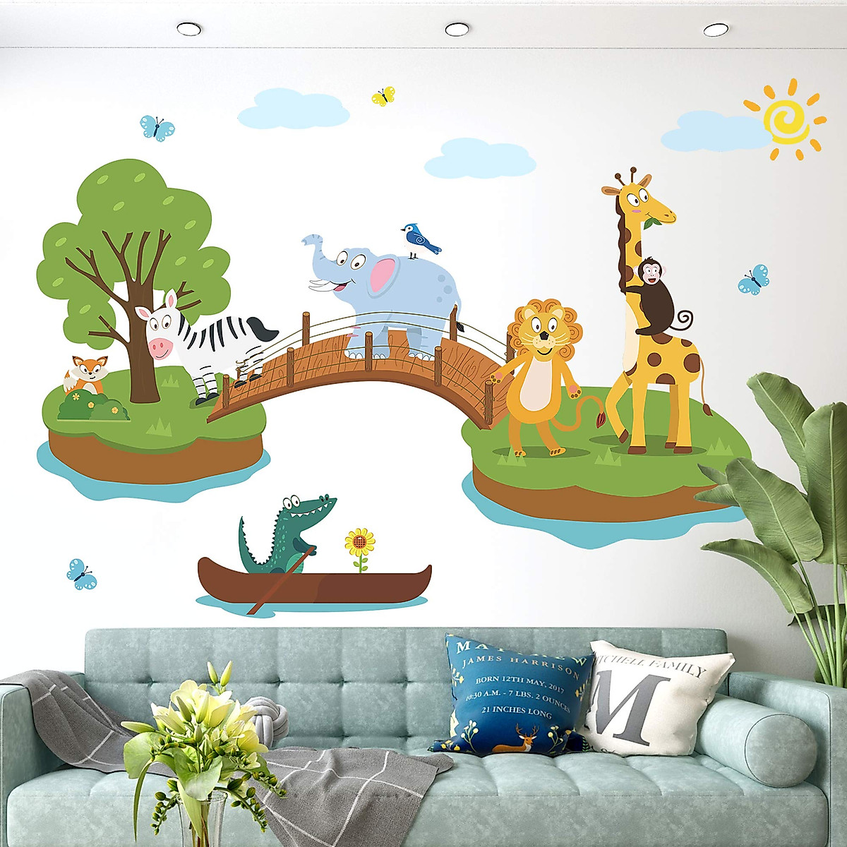 Removable 3D Giant Jungle Animals Lion Elephant Bird Fox on The Bridge Wall Decals Tree Wall Sticker Art Decor for Kids Boys Baby Children Bedroom Living Room Bathroom Classroom Playroom Nursery