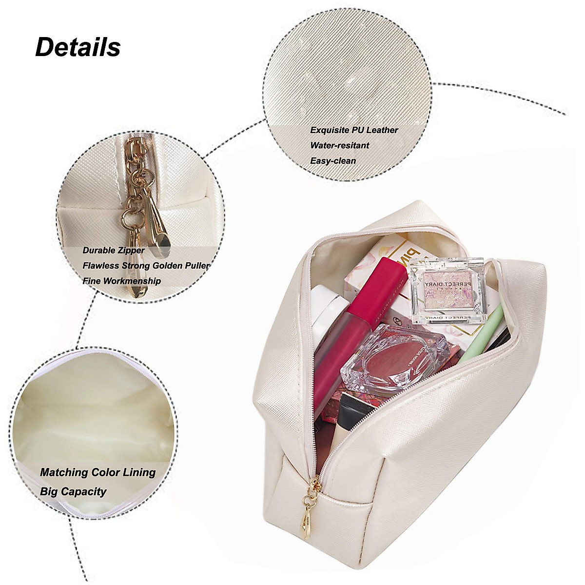 Sohynca PU Leather Cosmetic Bag for Women Minimalism Makeup Bag for Daily Use Portable Storage Purse Small Neat Cosmetic Pouch Water-resistant Toiletry Bag for Travel (Ivory White)