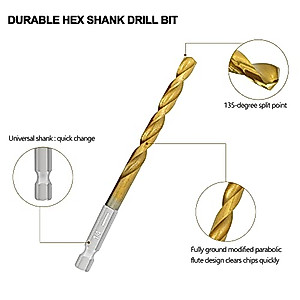 GMTOOLS 13 Pcs Titanium Coated Twist Hex Shank Drill Bit Set, 135 Degree Tip HSS Impact Drill Bit Set with Storage Case for Metal, Aluminum, Steel, Wood, Plastic, Quick Change Design 1/16" to 1/4"