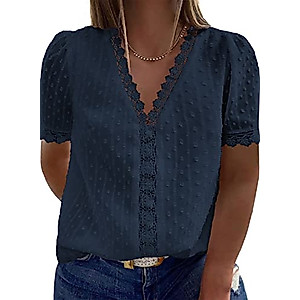 Happy Sailed Womens Plus Size Lace Crochet V Neck Boho Shirts Casual Loose Short Sleeve Chiffon Blouses Tops,4X Blue