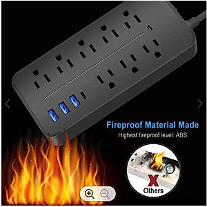 Surge Protector Power Strip with Extension Cord with 8 Outlets and 3 USB Ports, 2 Feet Power Cord (1625W/13A) , 2700 Joules, ETL Listed, Black