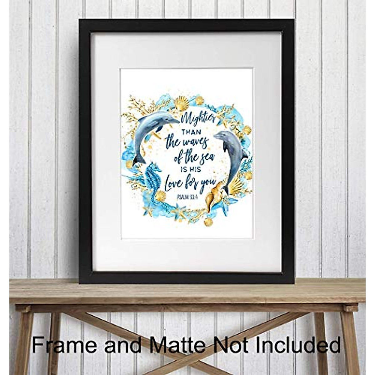 Ocean Dolphins Bible Verse Religious Wall Art - Inspirational Quote Christian Scripture Room Decoration for Bathroom, Bedroom - Nautical Beach House Poster - Mightier Than the Waves Blue Wall Decor