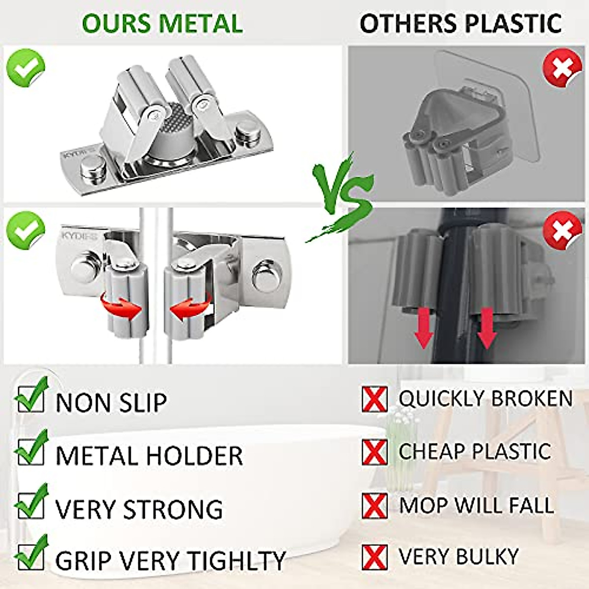 Broom and Mop Holder Wall Mount Heavy Duty Stainless Steel Broom Holder Wall Mounted Broom Organizer Home Garden Garage Storage Rack (4PCS-1Rack)