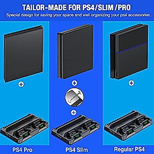 PS4 Stand Cooling Fan for PS4 Slim/PS4 Pro/PlayStation 4, PS4 Stand Vertical Stand Cooler with Dual Controller Charge Station & 16 Game Storage, PS4 Organizer Stand with Game Storage PS4 Accessories