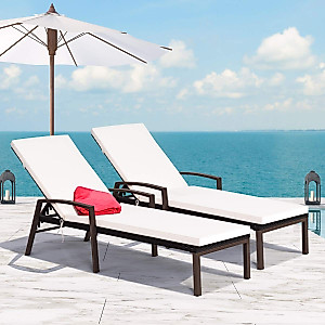 COSTWAY 2PCS Rattan Lounge Chair Outdoor, Patio Wicker Chaise Lounge with 5-Position Adjustable Backrest, Soft Cushion & Arm Rest, Pool Recliner Set of 2 for Poolside, Deck, Backyard (White)