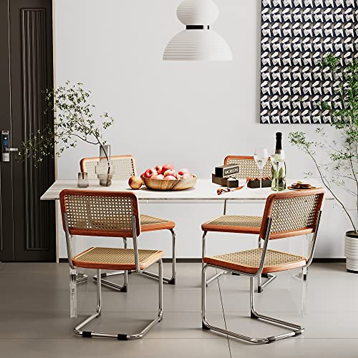 Alunaune Mid Century Modern Dining Chairs Set of 4, Upholstered Natural Rattan Kitchen Chairs Accent Chair, Armless Side Chairs with Metal Chrome Legs for Bedroom Living Room-Rattan Seat