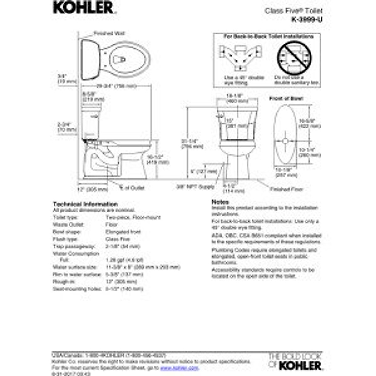 Kohler K-3999-U-0 Highline Comfort Height Toilet, White