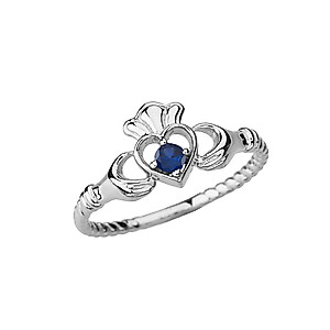 Dainty 10k White Gold Open Heart Solitaire Sapphire Rope Claddagh Promise Ring (Size 6.5)