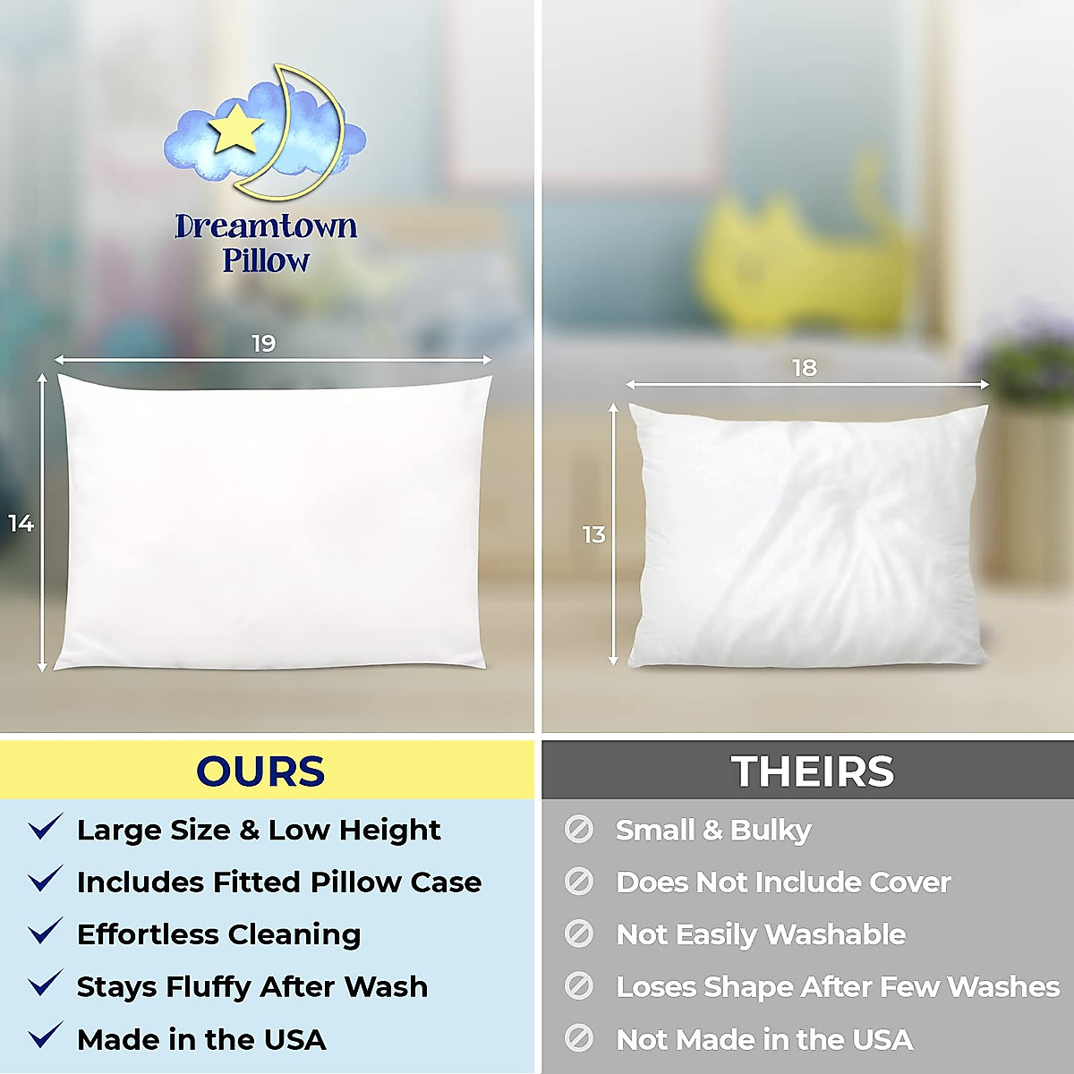 Dreamtown Kids Toddler Pillow & Pillowcase, Hypoallergenic, Made in USA, Soft & Breathable