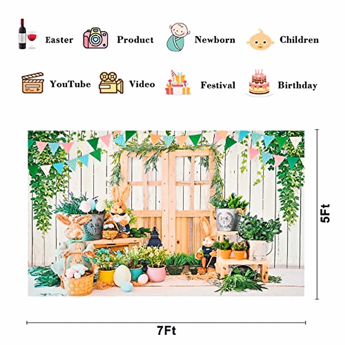 WENMER 5X7ft Spring Easter Backdrop, Garden Easter Egg Rabbit Photography Background Rustic Wooden Door Easter Bunny Flower Photo Backdrop for Easter Kids Children Newborn Baby Pet Portrait Photo