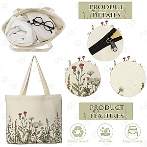 Sadnyy 2 Pcs Canvas Tote Bags Cute Aesthetic Floral Makeup Bags with Metal Zipper for Women Teacher Christmas Gift Shopping (Wildflower)