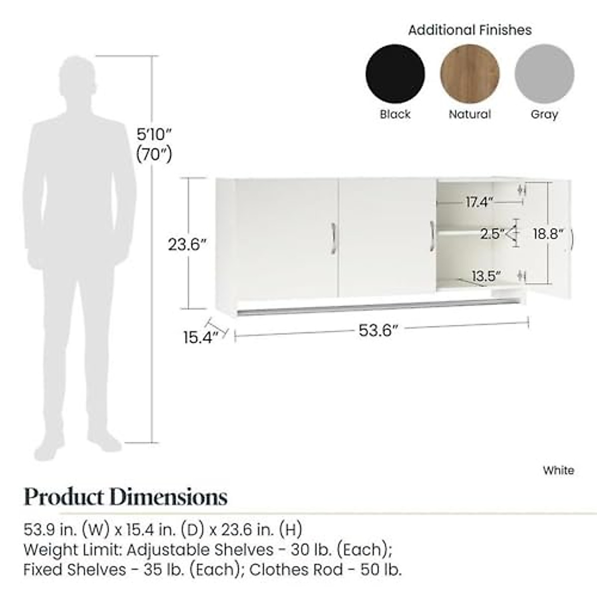 Systembuild Evolution Lory 3 Door Wall Cabinet with Hanging Rod in White