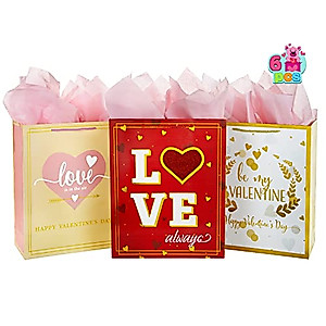 JOYIN 6 Pcs Valentine’s Day Gift Bags with Tissue Paper and Handles, Super Large 5.5 X13 X16 inch, Kraft Bags with 3 Designs for Kids Party Favor, Classroom Exchange Prizes, Present Wrapping