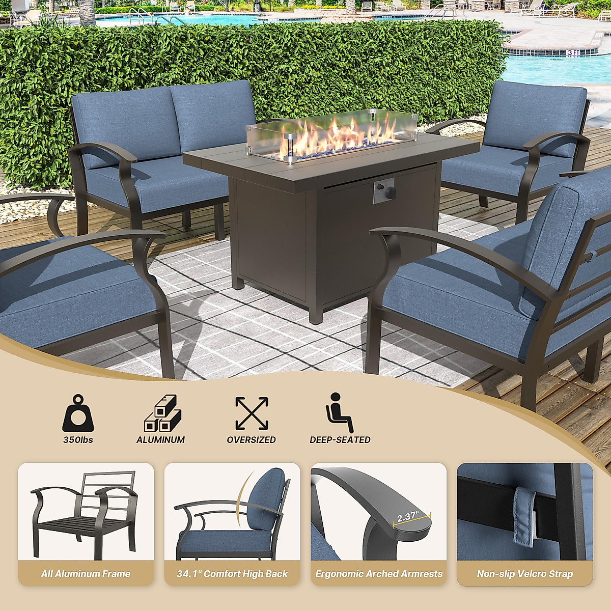 Piltwoff Aluminum Patio Furniture Set,4 Pcs Modern Outdoor Furniture with 45in CSA Propane Fire Pit Table,Patio Conversation Set with 5.1 Inch Cushion for Backyard,Navy