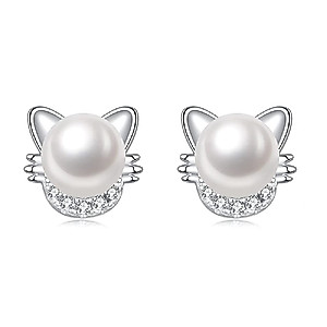 HengYi Cat earrings freshwater pearl earrings sterling silver earrings ladies gifts, white, 0.9cm*0.8cm
