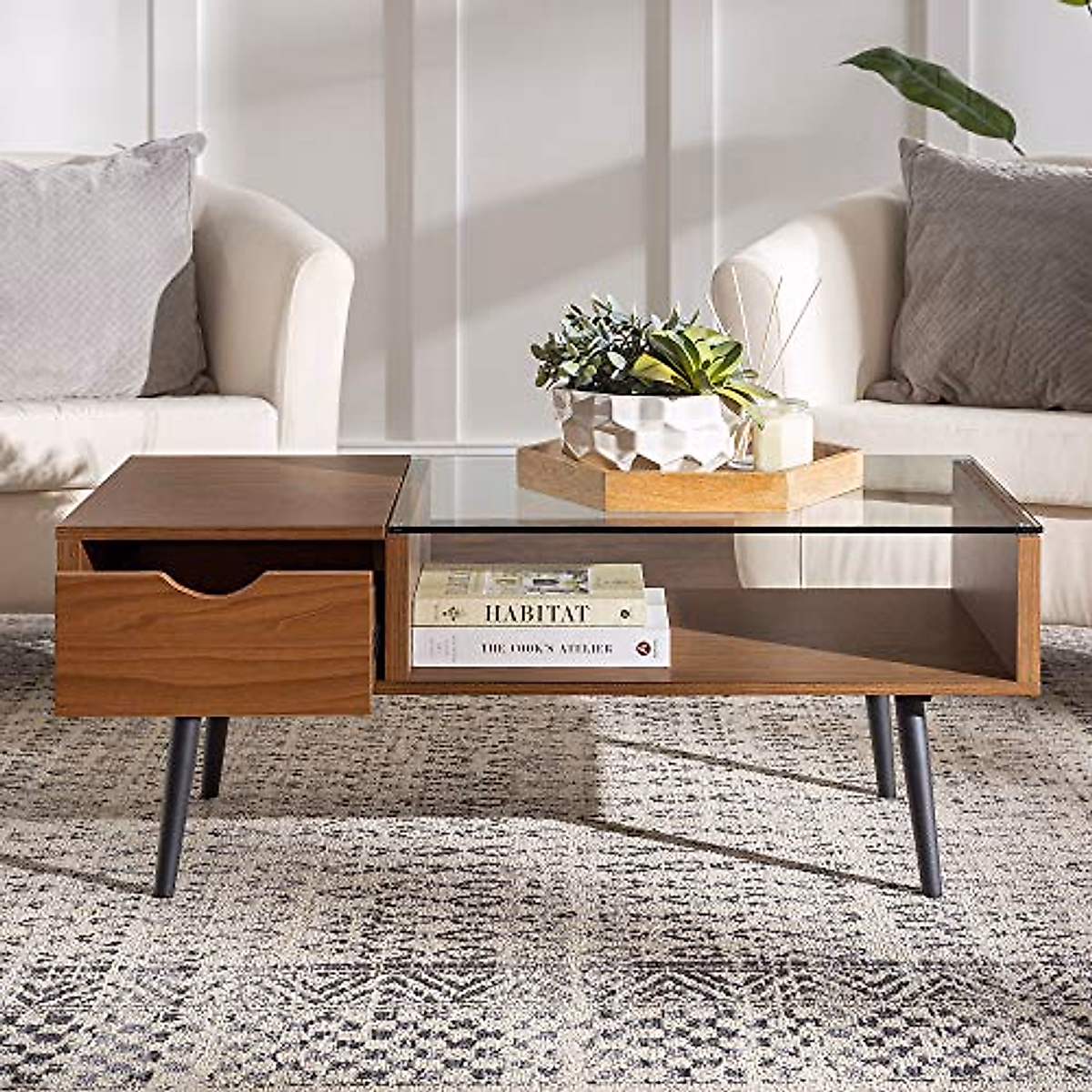 Walker Edison Montclair Mid Century Modern Faux Marble Top 1 Drawer Coffee Table, 42 Inch, Acorn