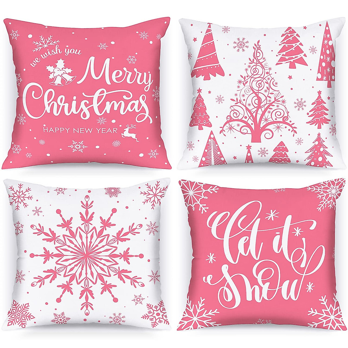 Lanpn White and Pink Christmas Throw Pillow Covers 14x14 Set of 4, 14 inch Decorative Xmas Cushion Covers Pillow Cases 14 x 14 for Home Bedroom Room Holiday Couch Decor Decorations