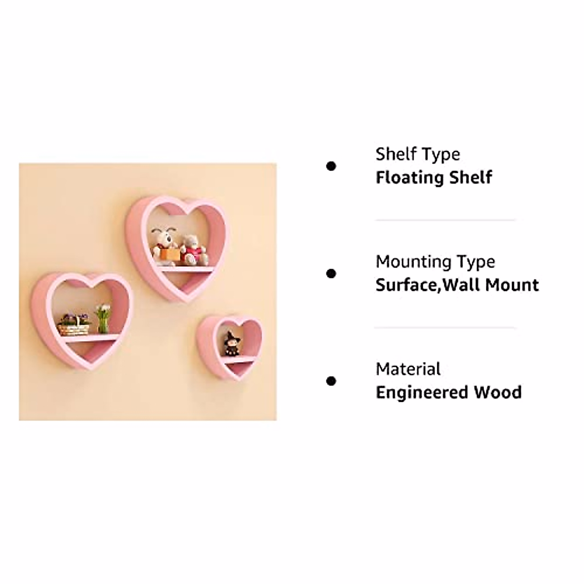 Set of 3 Heart-Shaped Floating Hexagon Shelves Set Wall Bracket Gloss Display Shelf Rack for TV DVD (Color : Pink)