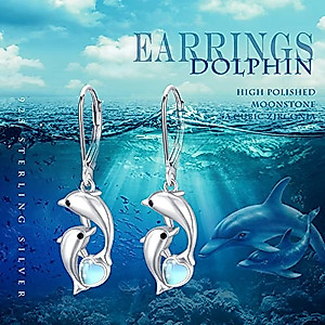 Dolphin Earrings,Sterling Silver Double Dolphin with Blue Heart Moonstone Hoop Earrings,Ocean Nautical Animal Sailor Drop Earrings for Sensitive Ears Jewelry Gift for Best Friend, Metal, crystal