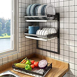 FEHUN Sinks,3-Layer 201 Stainless Steel Kitchen Wall-Mounted Dish Rack Drain Rack with Chopsticks Cage,Kitchen Cutting Board Rack