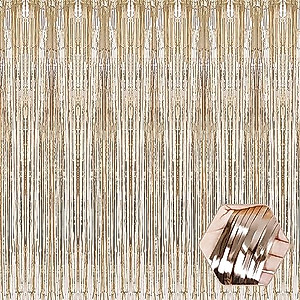 6 Pack Champagne Gold Foil Fringe Curtain Backdrop, 3.28Ft x 8.2Ft Metallic Tinsel Foil Fringe Streamer Curtains for Photo Booth, Halloween, Christmas, Birthday, Wedding Party Decorations
