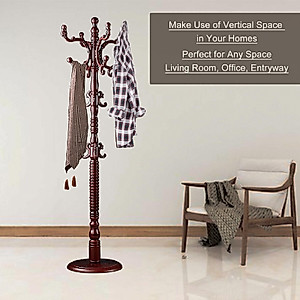 SerHirst Coat Rack Freestanding, Wooden Coat Tree Stand with 14 Hooks, Easy Assembly with Stable Disc Base for Bedroom, Hallway, Entrance Office for Hats, Coats, Scarves (Mahogany color)
