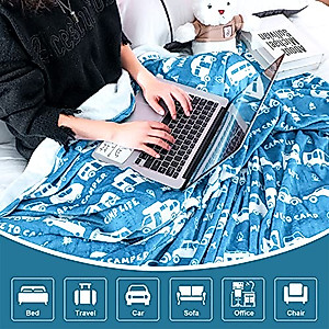 Blue Camping Throw Blanket Plush Soft Coral Fleece Blanket Retro Bus RV Car Camping Bedding Camp Life Live to Camp Happy Camper Blanket Fluffy Warm Camper Gifts for Women Couch Bed Sofa, 60 x 80 Inch