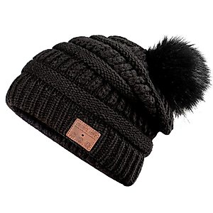 Deegotech Bluetooth Beanie for Women, Unique Tech Gifts for Teen Girls, Music Hat with Wireless Headphones, Pom Pom Knit Winter Hat for Mom Wife Girls-Black Beanie
