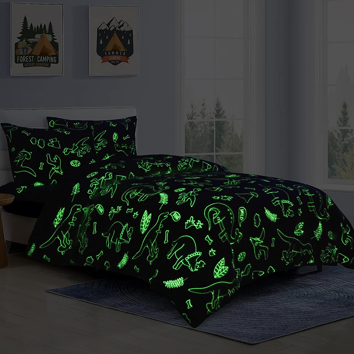 HOMBYS Glow in The Dark Comforter Set 5 Piece Twin/Twin XL with Sheets, Blue Dinosaur Velvet Bedding Comforter Sets for Twin Bed, Ultra Soft Down Alternative Comforter for Boys Kids, Bed in a Bag