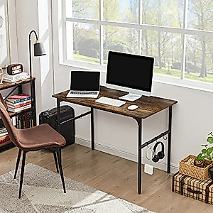 VECELO Industrial Simple Style Wood Table & Metal Frame Home Office Computer Desk Writing Study Workstation with 2 Tier Storage Shelves on Left or Right, 32 inch, Antique Brown