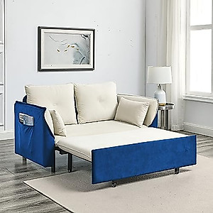 Verfur 3 in 1 Multi-Functional Futon Couch Pull Out Sleep, 2 Seater Convertible Loveseats Sofa with Adjustable Backrest,Comfy Upholstery Sofacama Sofabed, Blue White 57" Velvet w/ 4 Cushions
