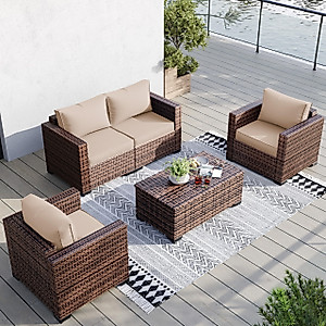 UDPATIO Outdoor Patio Furniture, 4 Pieces Outdoor Sectional Patio Set with Storage Coffee Table and Khaki Cushions, Patio Loveseats Balcony Furniture for Small Space
