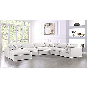 Meridian Furniture Serene Collection Modern | Contemporary Deluxe Comfort Modular Sectional, Soft Linen Textured Fabric, Down Cushions, 3 Corner + 3 Armless + 1 Ottoman, Cream
