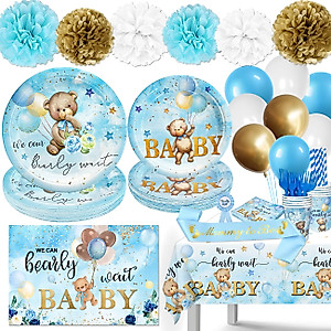 We Can Bearly Wait Baby Shower Decorations,Teddy Bear Baby Shower Decorations for Boy with Backdrop and Plates, Napkins and Cups,Mommy To Be Sash