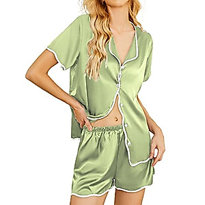 eshion Satin Pajamas for Teen Girls Satin Pajama Shorts Set Notch Collar Pjs Summer Silk Loungewear (Aqua Green,L)