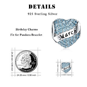 March Birthstone Charms for Pandora Charms Bracelet Sterling Silver Heart Bead Happy Birthday Charms for Bracelets Necklace