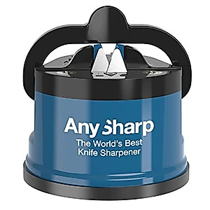 AnySharp Essentials - Knife Sharpener with PowerGrip - For Knives and Serrated Blades - Blue