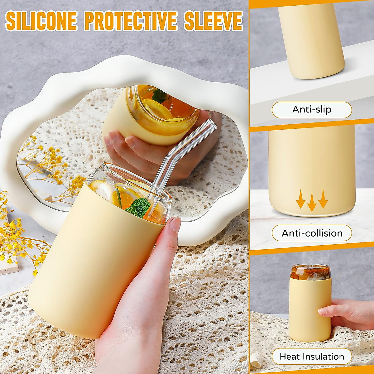 Glass Cups with Lids and Straws 2 pcs, Glass Cups with Silicone Protective Sleeve-16 oz Iced Coffee Cups with Lids，Glass Coffee Cups for Beer, Tea, Gift Giving