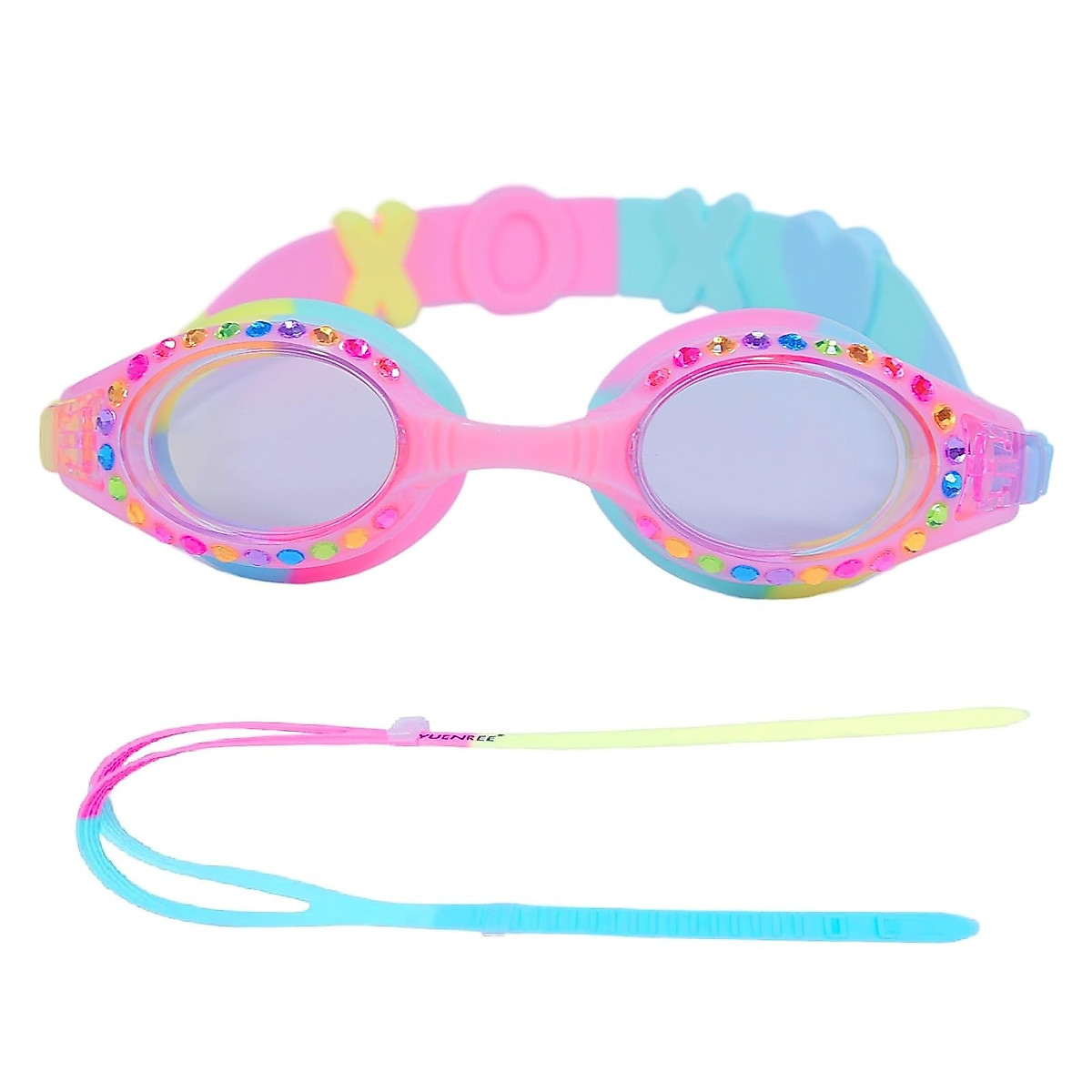 YUENREE Girls Swim Goggles - Bling Swimming Goggles for Girls Ages 4-12 - No Leak, Anti-Fog, UV Protection, Easy to Adjust and Non Slip - with Hard Travel Case- Rainbow