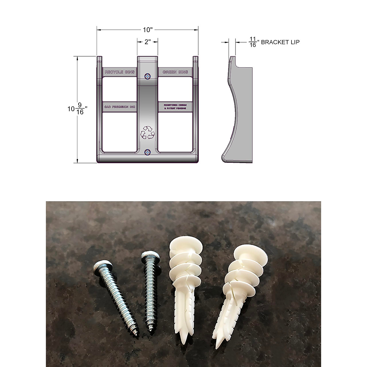CAD Precision Inc. Recycle/Compost Bin Hanging Bracket, the EZ bin brac (for WIDE lip bins) - see details