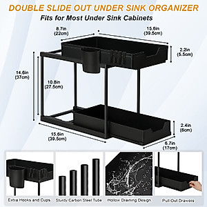 ENOMY 2 Pack Double Sliding Under Sink Organizers and Storage, 2 Tier Under Cabinet Organizer with Hooks & Hanging Cups Multi-Purpose Under Sink Shelf Organizer for Bathroom Kitchen, Black