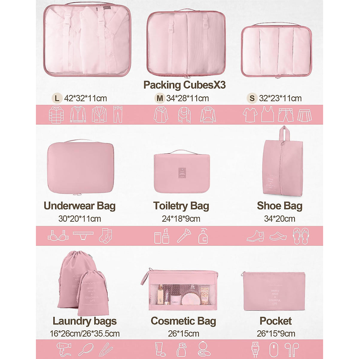 Anjing 10 Set Packing Cubes Luggage Packing Organizers for Travel Accessories Travel Essentials Luggage Organizer Bags for Carry on Suitcases, Pink, (WMUS1202X01-3)