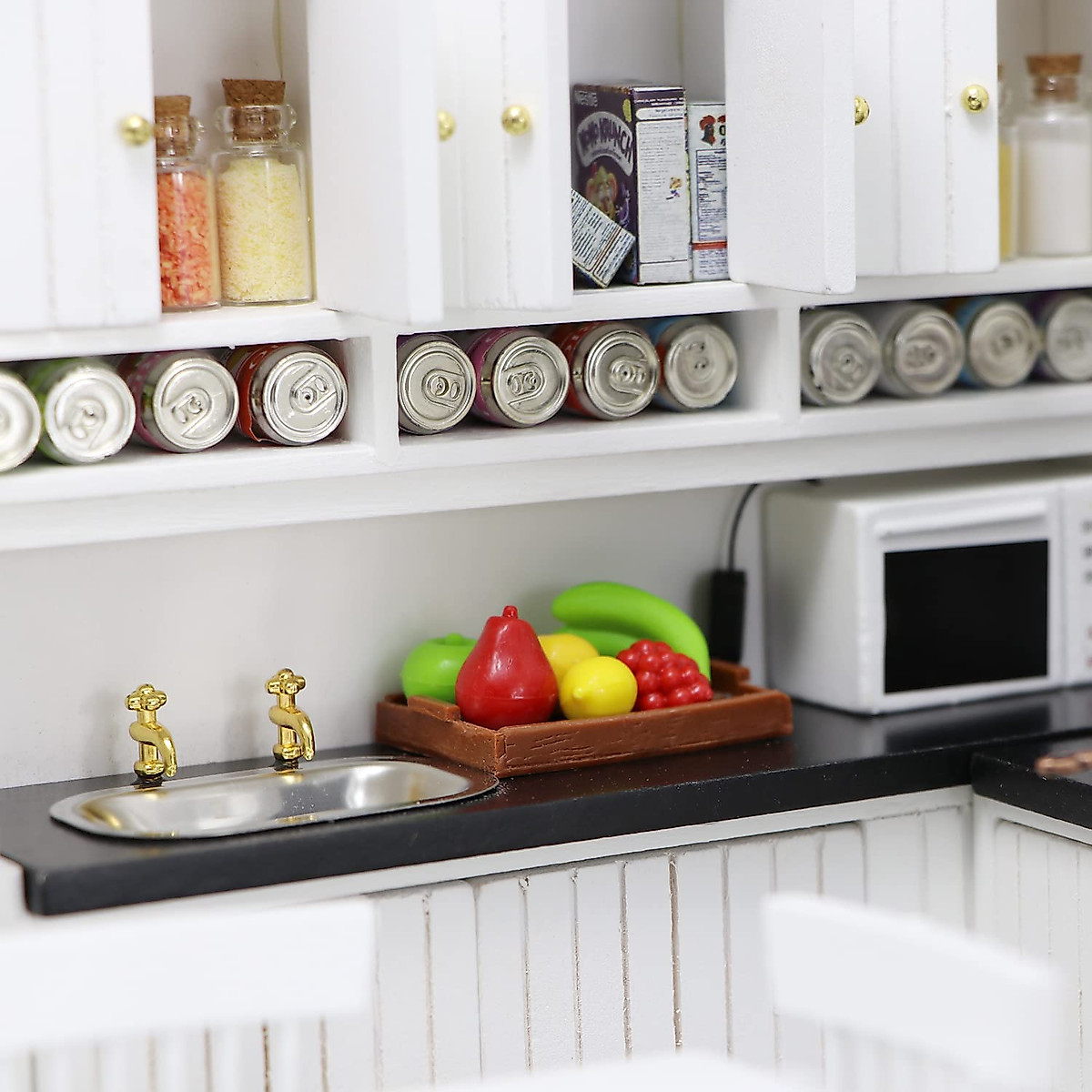 Dollhouse Kitchen Set Miniature Wooden Furniture Cabinet Dining Room Kitchen Kit 1/12 Scale Wooden Dollhouse Accessories (Style A)