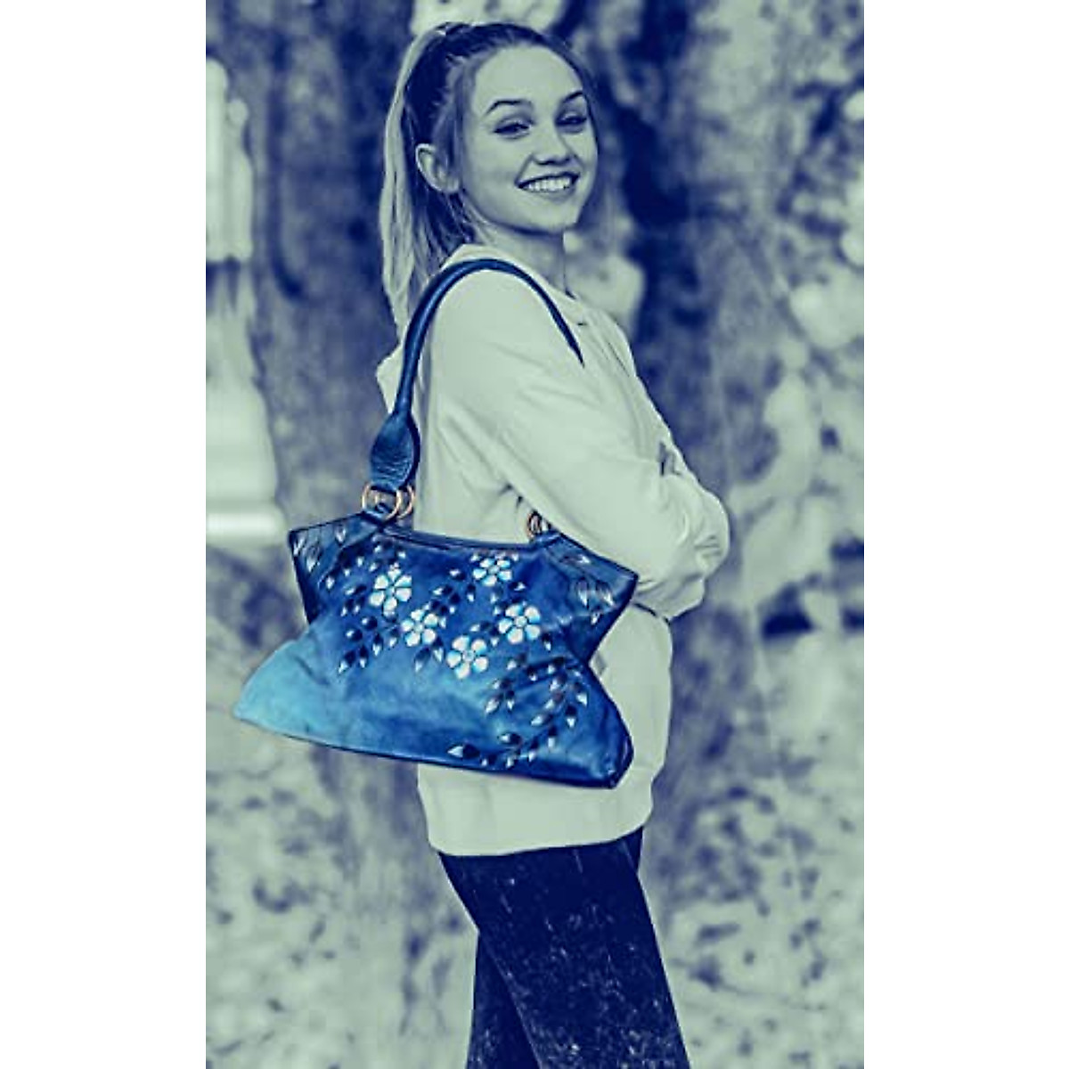 Evi's Bags Women's Hand Painted Genuine Leather Handbag - Shoulder Bag - Hobo, by Evi's Bags. Unique, Large, Handmade Purse - Satchel - Tote. Wearable Art - “Midnight BlueIn Bag, Blue, White, Black